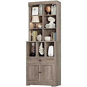 Keyluv 80” Tall Bookcase with Drawer and Doors, Grey Bookshelf with Adjustable Cabinet, Deep Book Shelf Case with Storage and 9 Open Cubes for Living Room/Home Office, Wood Gray Wash