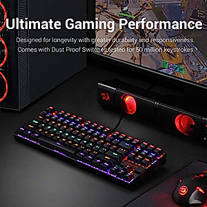 Redragon K552 Mechanical Gaming Keyboard 87 Key Rainbow LED Backlit Wired with Anti-Dust Proof Switches for Windows PC (Black Keyboard, Red Switches)