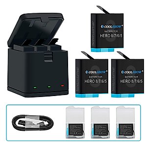 COOLSHOW Hero 8 Battery 1220mAh (3 Packs) and Triple Hero 8 Battery Charger Bundle Compatible with GoPro HERO8 Black,HERO7 Black,HERO6 Black, HERO5 Black,Hero(2018)