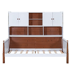 Harper & Bright Designs Twin Daybed with Bookcase Headboard, Twin Size Platform Bed with Storage Cabinet,Wood Twin Bed Frame for Kids Teens Adults (White+Walnut)
