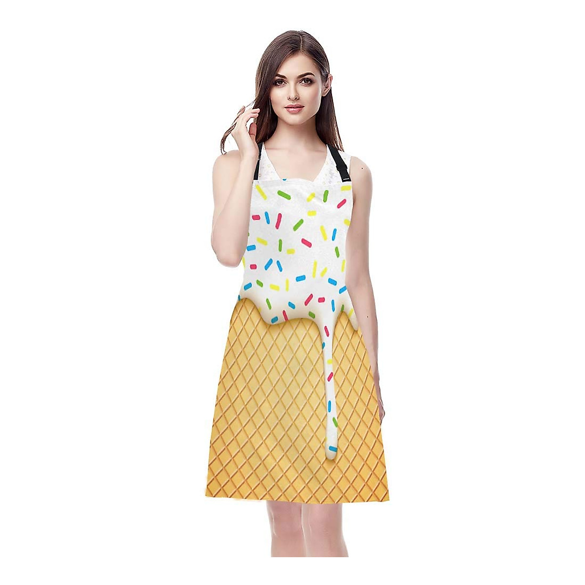 WONDERTIFY Ice Cream Apron,Cartoon Ice Cream Cone with Dripping White Glaze and Wafer Texture Bib Apron with Adjustable Neck for Men Women,Suitable for Home Kitchen Cooking Waitress Chef Grill Apron