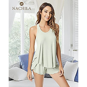 NACHILA Women's Pajamas Set Bamboo Ribbed Racerback Tank Top and Shorts Sleepwear Sleeveless Loose Fit Nightwear Pjs Pale Pink L