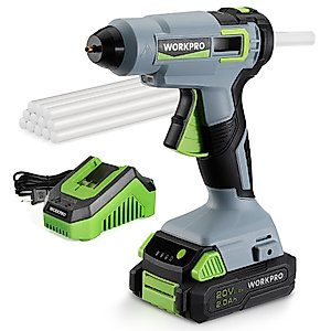 WORKPRO 20V Cordless Hot Melt Glue Gun Kit, 2.0 Ah Li-ion Battery Powered Rechargeable Full Size Hot Glue Gun, 45S Fast Preheating, Heavy Duty Wireless Glue Gun with 12 Pcs Glue Sticks for DIY & Craft