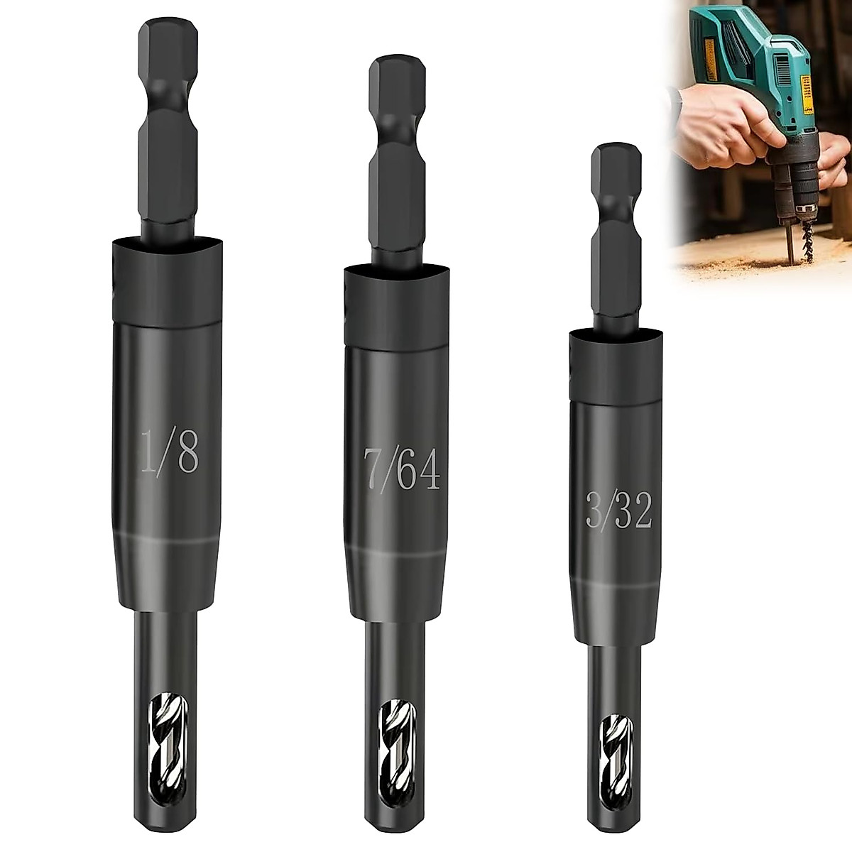 Upgraded CC2430 3/32", 7/64", 1/8" Self Centering Drill Bit VIX Bit for 1/4 in Clic-Change Hex Shank Drill, #6 8 10 Self Centering Hinge Drill Bit Center Finding Drill Bit Set, 3 Piece