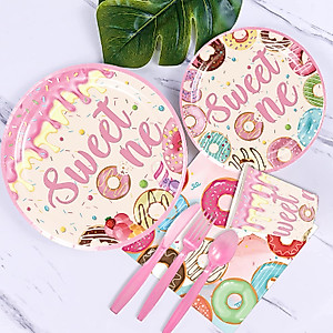 LXlucktim Donut Birthday Party Supplies for 1 Year Old Girl, 202 Pcs Sweet One Party Decorations for Girls Baby - Table Cover, Plates, Cups, Napkins, Utensils, Serves 25 Guests