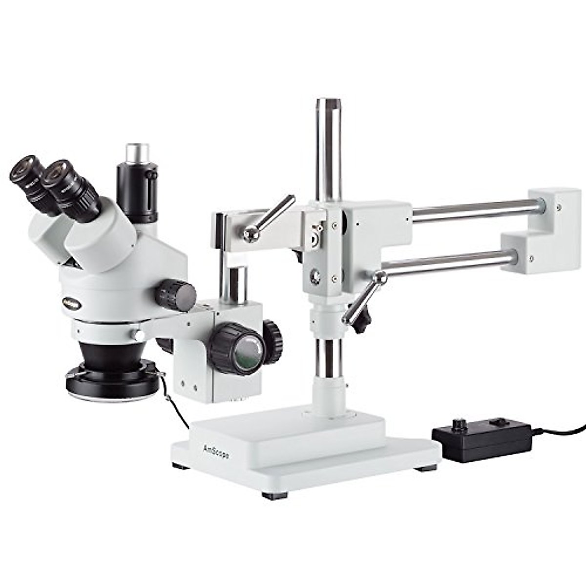AmScope 7X-45X Simul-Focal Stereo Zoom Microscope on Dual Arm Boom Stand with 144-LED Ring Light and 10MP Camera