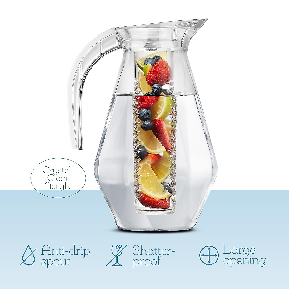 MosJos Acrylic Pitcher (72 oz), Clear Plastic, Water Pitcher with Lid, Shatterproof, BPA-Free Clear Pitcher, Ideal for Sangria, Lemonade, Juice, Iced Tea & More (Infuser- Acrylic Pitcher)