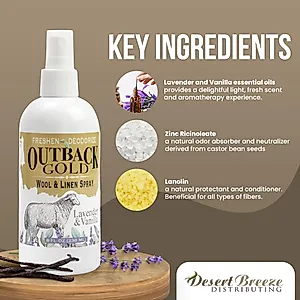 Outback Gold - Wool Cashmere Spray, Linen Sprays for Pillows and Sheets, Bed Spray Freshener & Deodorizers for Home, Lavender & Vanilla Fabric Sprays, Natural Fabric Freshener - 8 Fl Oz
