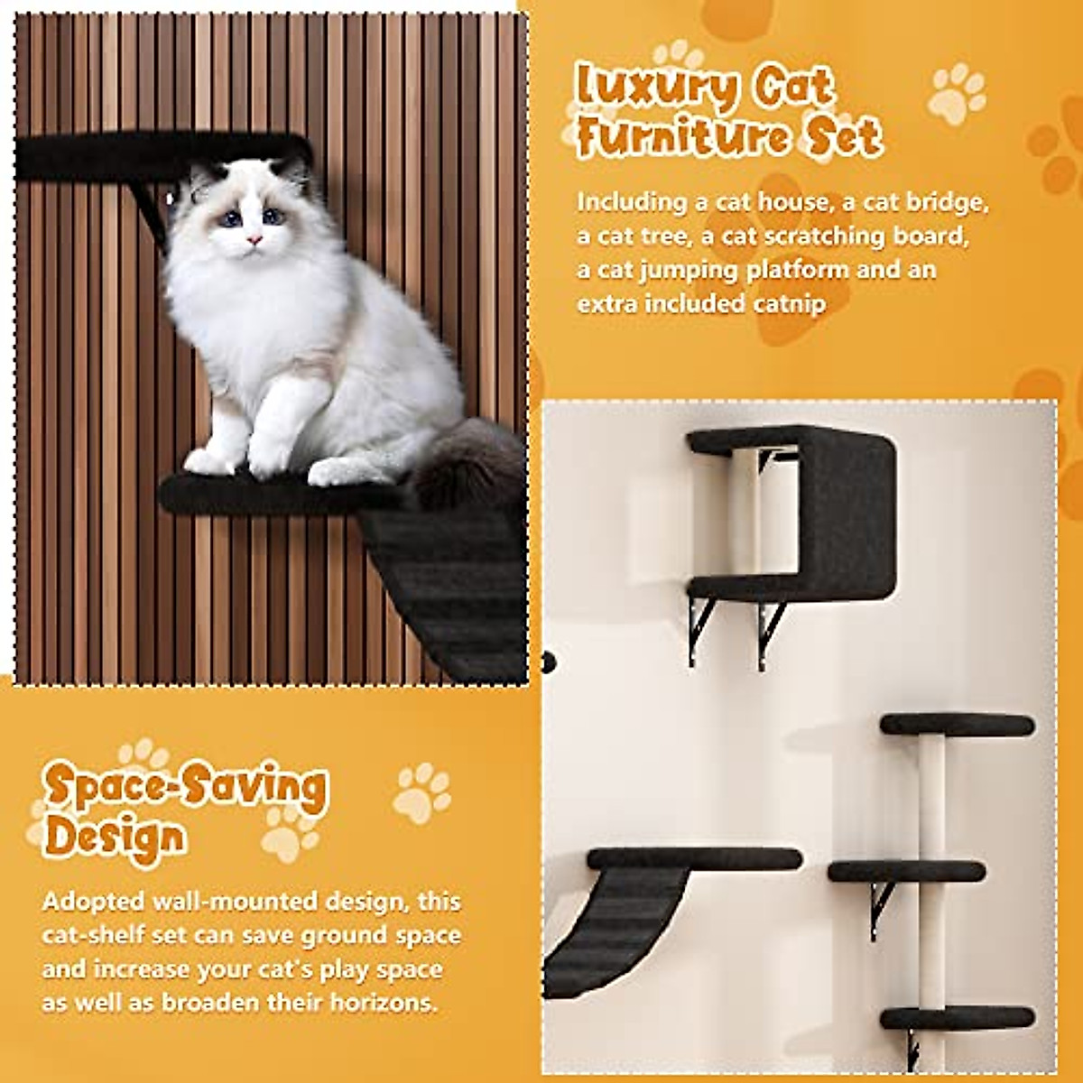 COZIWOW 5 Pcs Wall-Mounted Cat Climber Set with Cat Shelves and Perches, Ladder, Cat Condo House, Scratching Board and Cat Tree, Cat Wall Shelves Furniture, Wood Indoor,Black