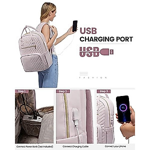 LOVEVOOK Laptop Backpack for Women, Large Capacity Travel Backpack with Luggage Strap, Stylish Women Backpack with USB Port, Quilted Work Backpack for College Business 15.6 Inch, Light Dusty Pink
