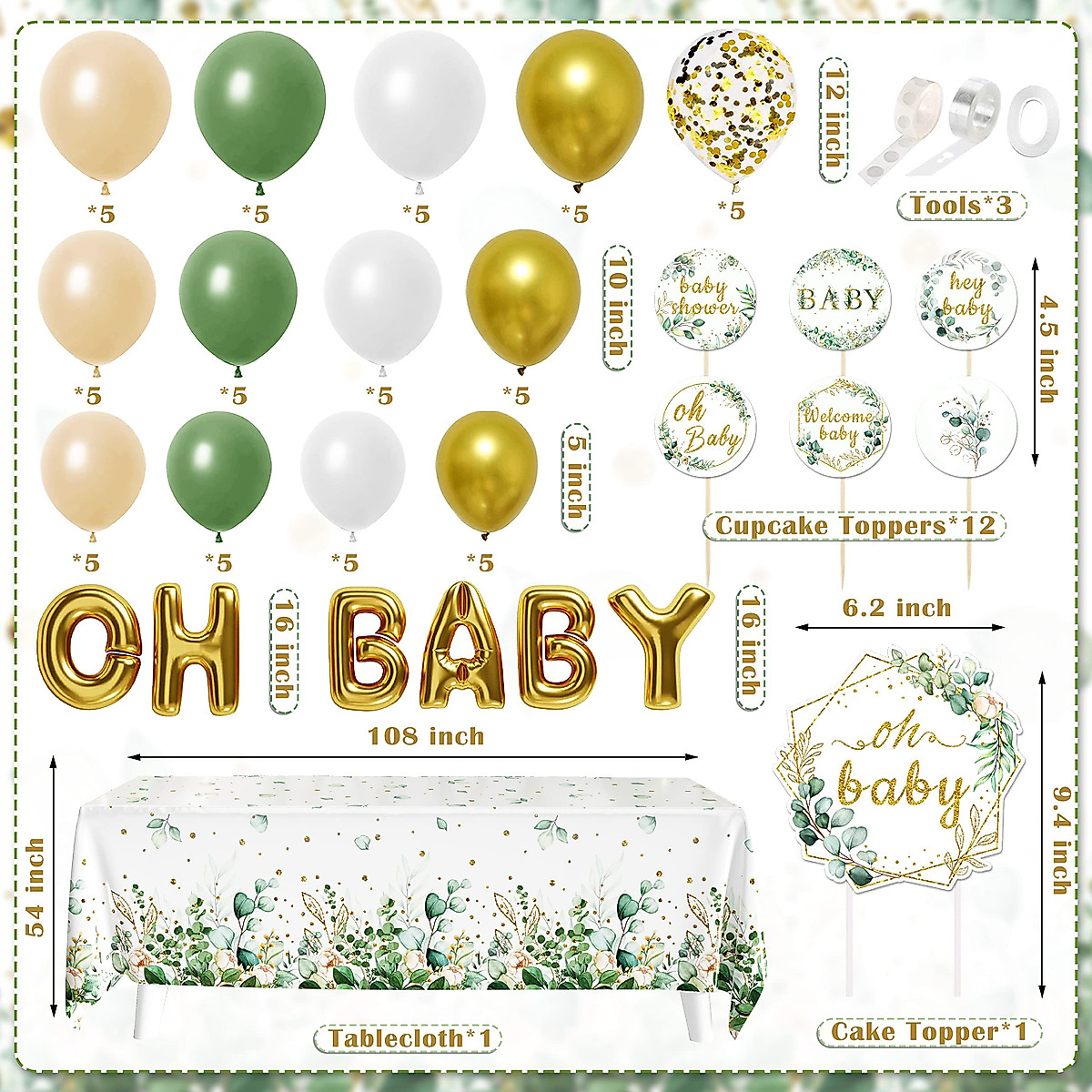 Sage Green Baby Shower Decoration for Girl Boy 99Pcs, Boho Greency Neutral Party Supplies with Oh Baby Backdrop Tablecloth Balloon Garland Kit for Woodland Safari Gender Reveal Party Decor