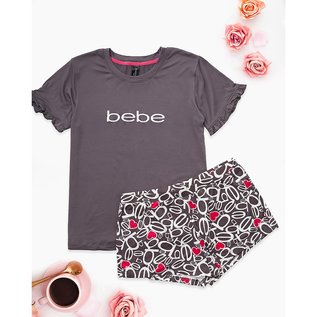 bebe Womens Pajamas Set - Shirt and Lounge Pajama Shorts Sleepwear (Charcoal, Large)