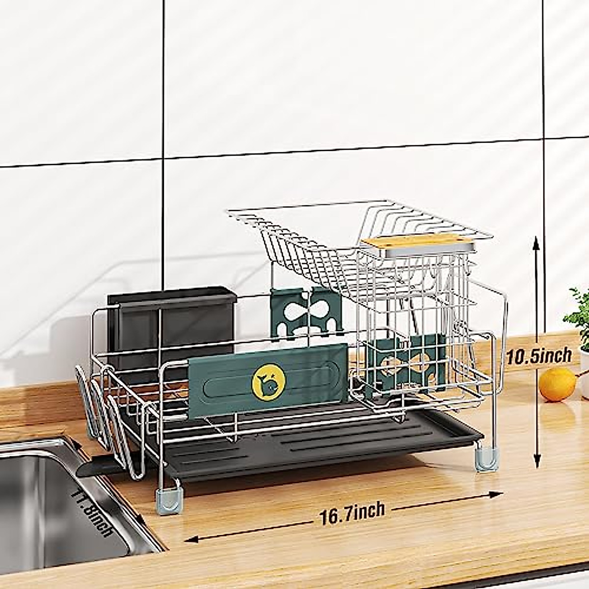 slhsy Dish Drying Rack,2 Tier Dish Racks for Kitchen Counter, Rust-Proof Dish Drainer,Large Dish Drying Rack with Drainboard,Utensil Holder,Knife Block and Drying Mat