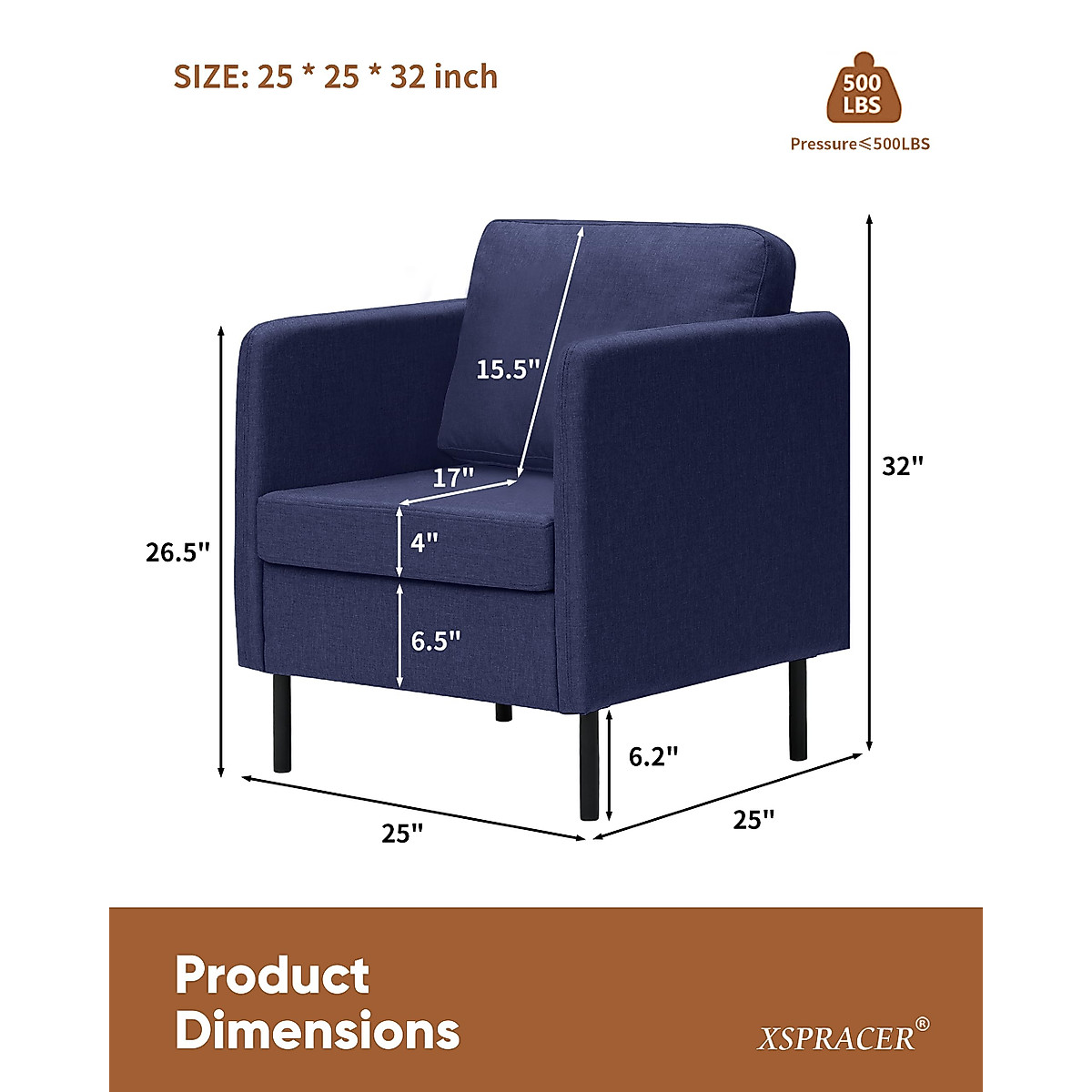 XSPRACER Accent Chairs, Comfy Sofa Chair, Armchair for Reading, Living Room, Bedroom, Waiting Room, Linen, Navy Blue