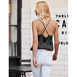 Ekouaer Satin Cowl Neck Tank Top Women Camisole Silky Loose Sleeveless Basic Blouse Ladies Satin Tank Shirt Black