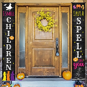 Hocus Pocus Halloween Decorations Outdoor - I Smell Children I Put A Spell On You Front Porch Sign & Hanging Banners for Outside Decor