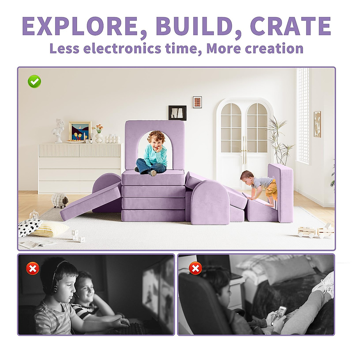 wanan Kids Couch 10PCS, Modular Kids Play Couch for Playroom Bedroom, 10 in 1 Multifunctional Kids Sofa for Playing, Creativing, Sleeping, Indoor Toddler Couch for Boys and Girls (Blueberry)