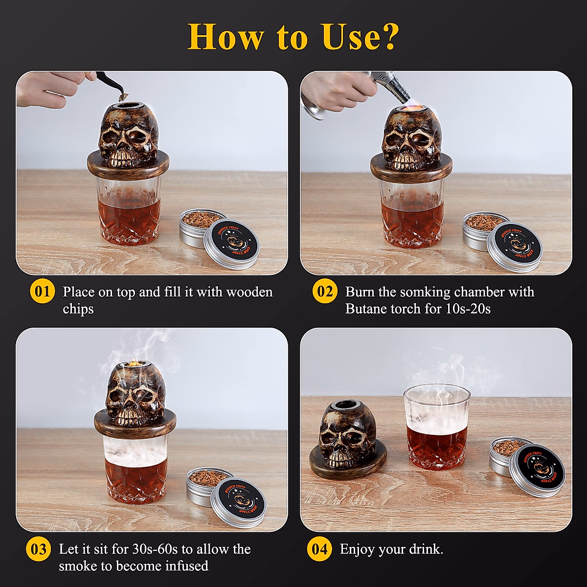 Cocktail Smoker Kit with Torch & 4 Flavors Wood Smoker Chips, iTayga Ceramics Whiskey Smoker Kit for Cocktails, Whiskey, Drinks, Bourbon - Unique Gifts for Men/Father/Husband/Friends(No Butane)