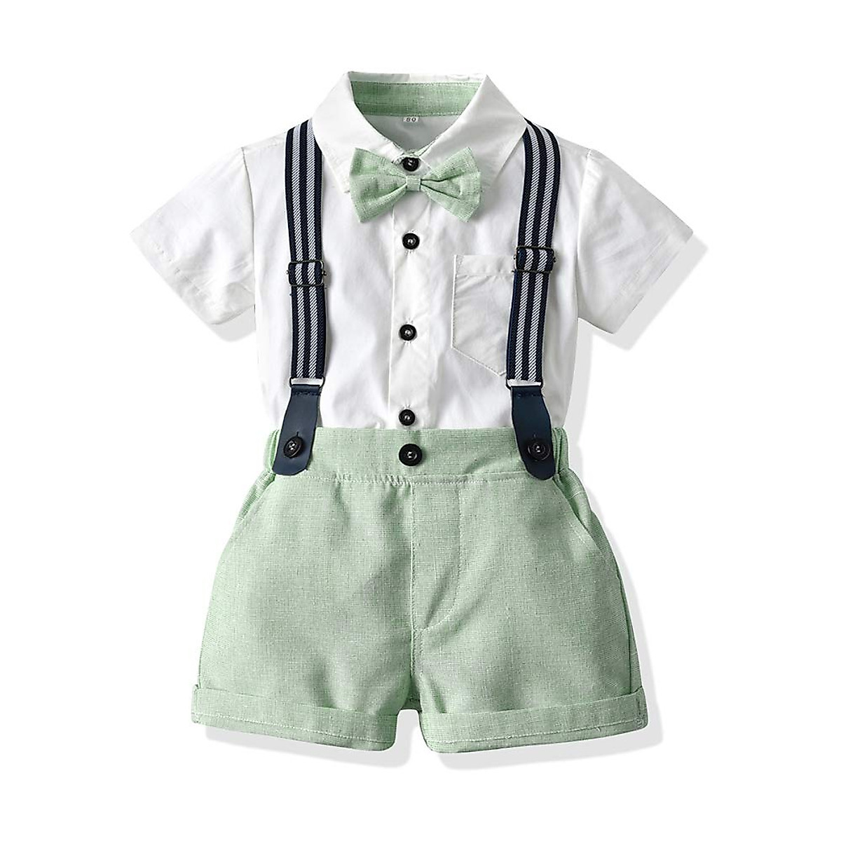 Joycebaby Baby Boys Gentleman Outfits Suits Short Sleeve Bowtie Shirt+Suspender Shorts Clothes Set Overalls(110/3-4 Years, Green)