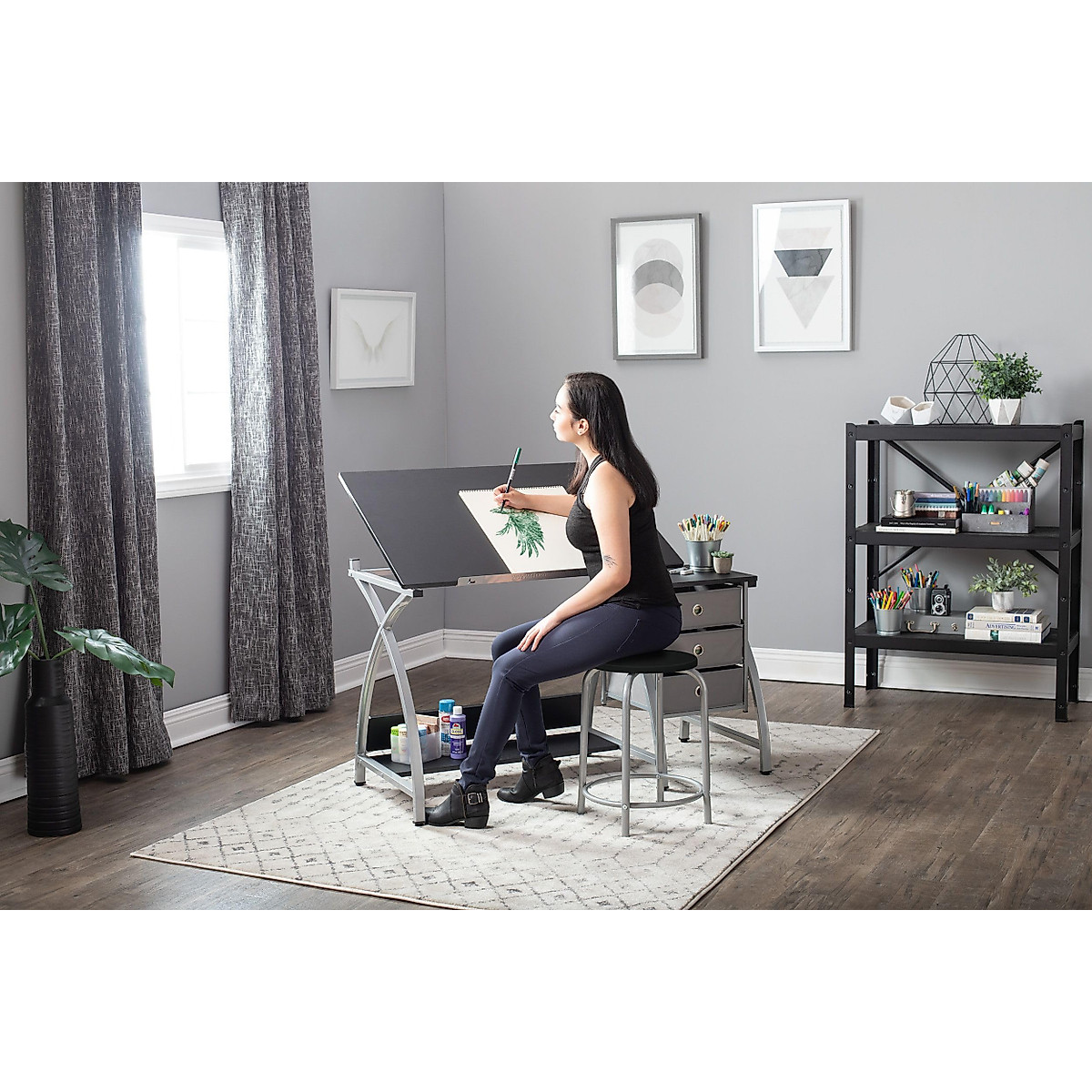 SD STUDIO DESIGNS 2 14 Piece Comet Center Plus, Craft Table and Matching Stool Set with Storage and Adjustable Top, 50x23.75x29.5 inches, Silver/Black