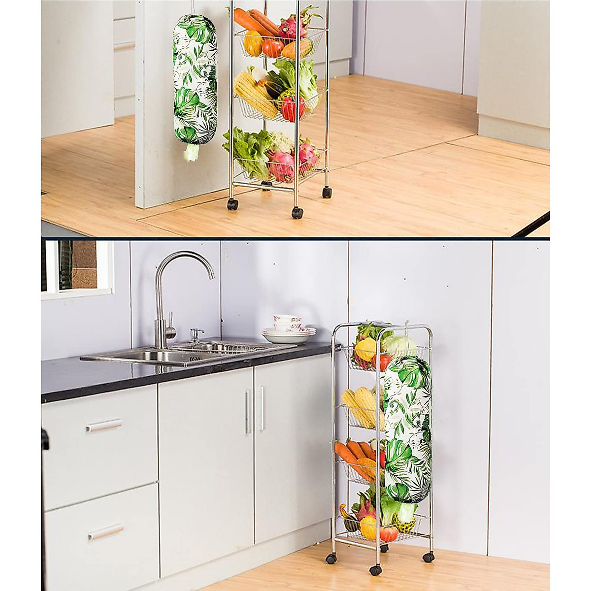 TOGETRUE Plastic Bag Holder, Wall Mount Plastic Bag Organizer Dispenser, Heavy Duty Grocery Bag Storage Holder, Hanging Shopping Bag Holder for Home Kitchen Camper (Green Leaves 2 Pcs)