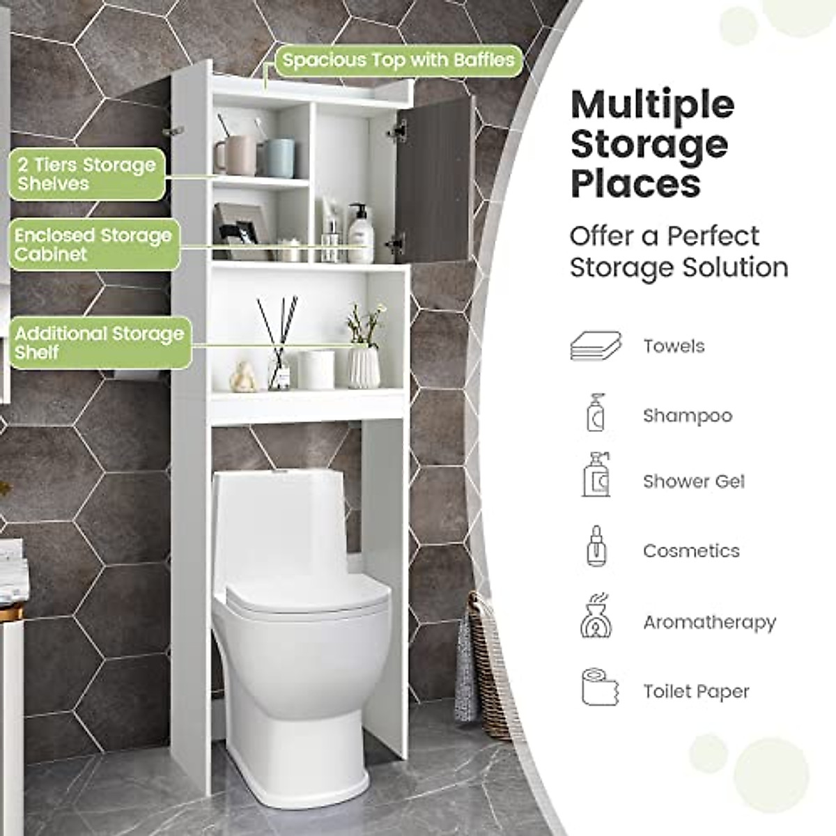 LOKO Over The Toilet Storage Cabinet, Wooden Bathroom Space Saver with Door & Open Storage Shelves, Anti-toppling Device, Freestanding Over Toilet Bathroom Organizer for Bathroom, Laundry