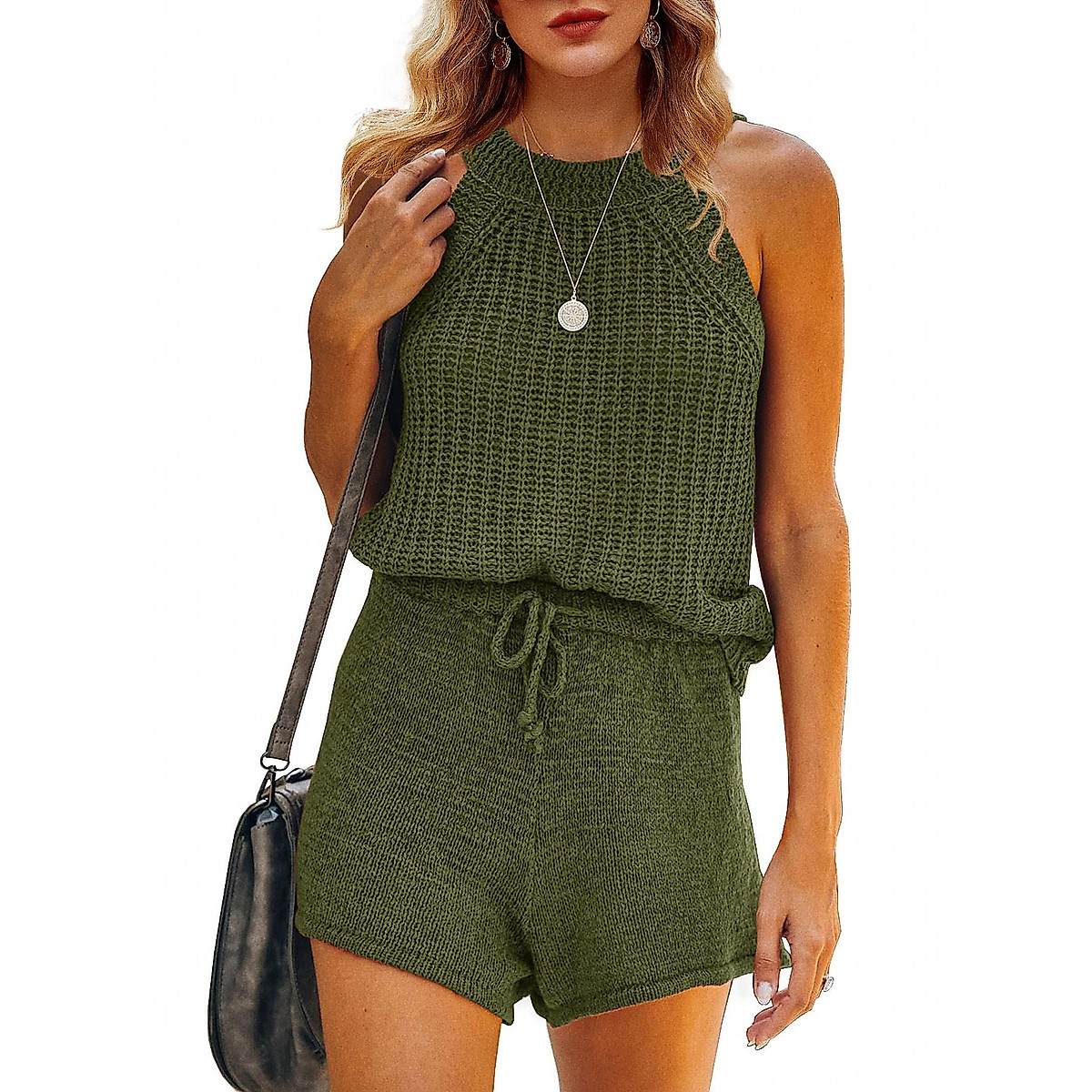 Ybenlow Womens Two Piece Outfits Summer High Neck Sleeveless Knit Sweater Tank Tops with Drawstring Beach Shorts Sets