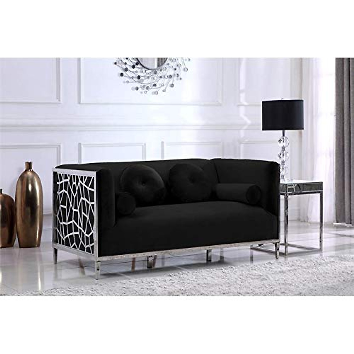 Meridian Furniture Opal Collection Modern | Contemporary Velvet Upholstered Loveseat with Intricate Chrome Stainless Steel Design, Black, 64.5" W x 33.5" D x 30.5" H