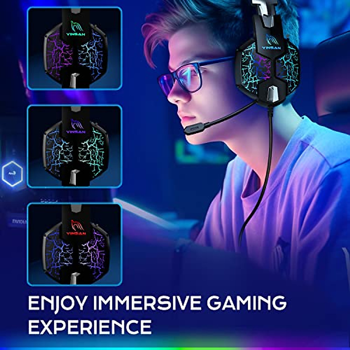 YINSAN Gaming Headset with Mic for PS4 PS5 Xbox Series X|S Nintendo Switch Xbox One PC, Wired Over Ear Gaming Headphones with Surround Sound, Noise-Cancelling, RGB Light, One-Key Mute Button