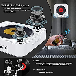 Portable CD Player with Bluetooth, Wall Mountable CD Player with Dust Cover,FM Radio,Built-in Speakers,USB Port,AUX Input,LCD Display