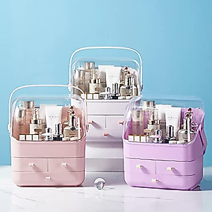 SUNFICON Makeup Organizer Cosmetic Storage Holder Case Purple Beauty Essential Box with Dust Free Cover Portable Handle Fully Open Waterproof Lid Dustproof Drawers Bathroom Countertop Bedroom Dresser