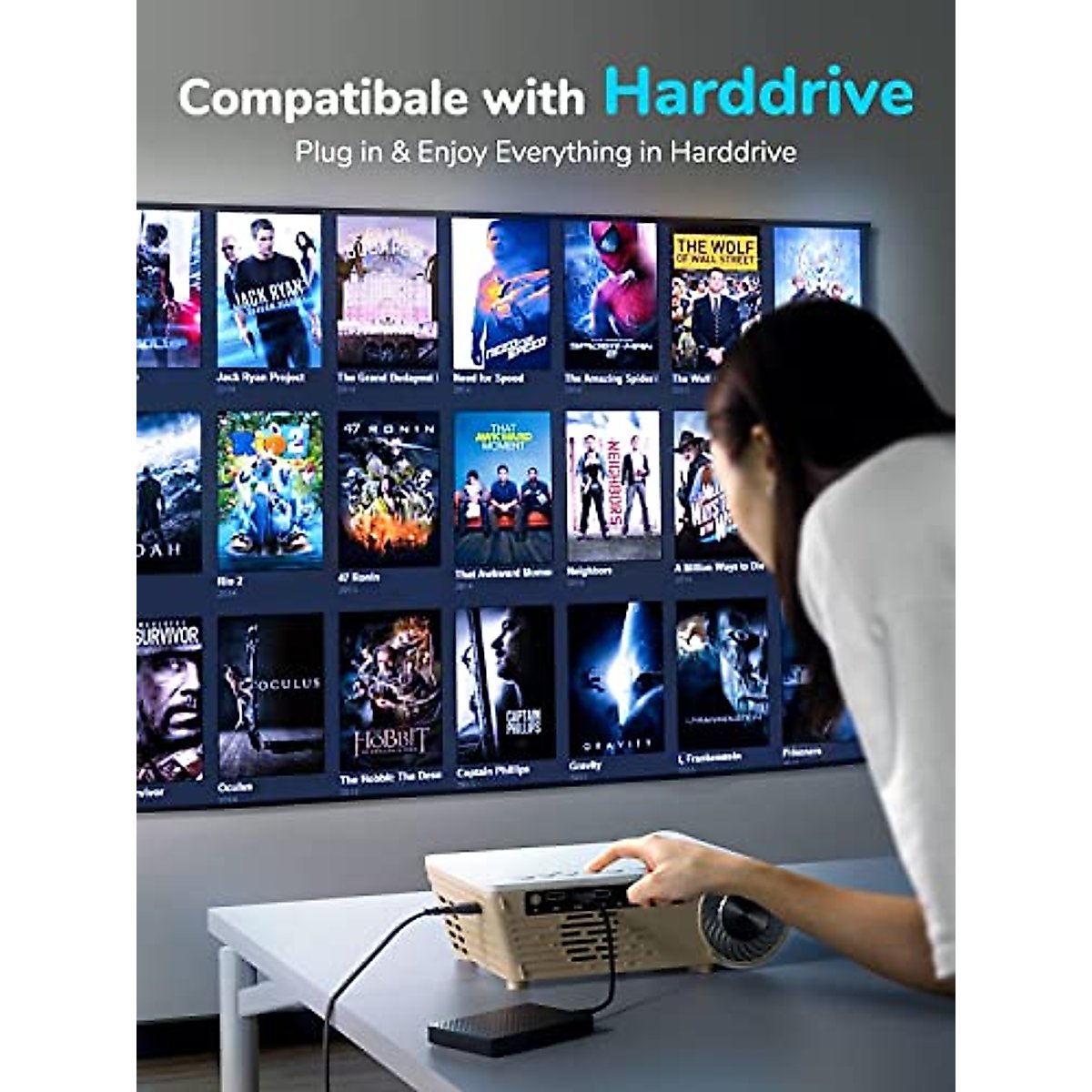 YEHUA Mini Projector with WiFi and Bluetooth,4k Portable Projector HD 1080P and 200" Screen Supported, LED Outdoor Movie Projector with Remote,Compatible with iOS,Android,HDMI,VGA,AV,2 USB Interface