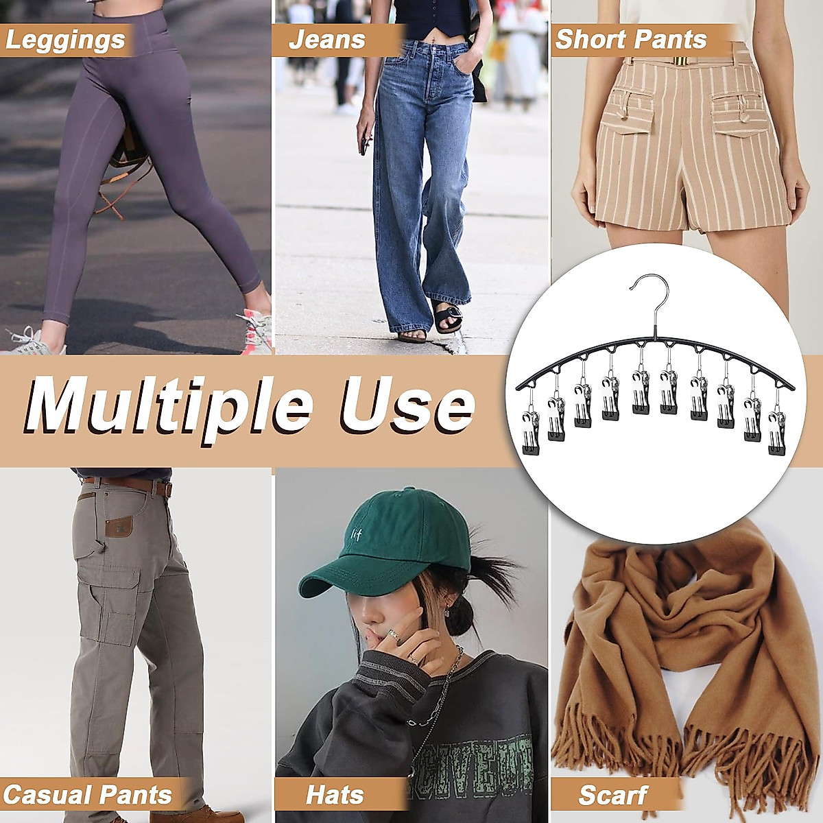 2 Pack Skirt Pants Hangers with Clips Space Saving, Legging Organizer for Closet Hanging with 10 Clips Hold 20 Leggings Shorts Jeans Skirts, Black