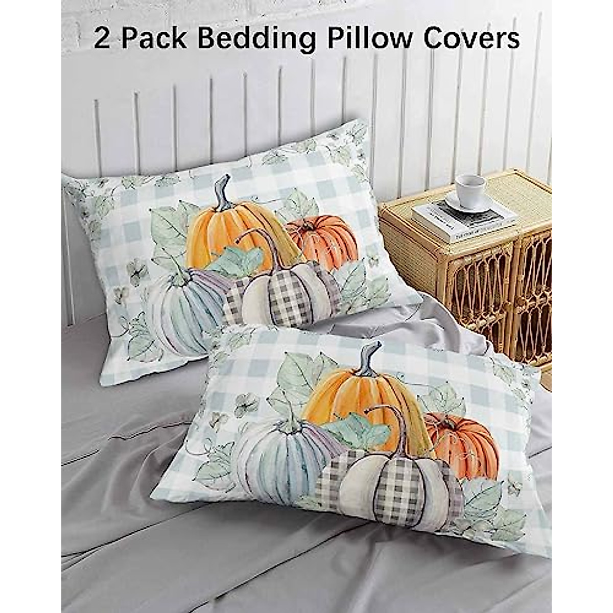 Thanksgiving Pillow Covers Standard Size Set of 2 Bed Pillow, Farmhouse Teal Plaid Fall Pumpkin Maple Leaves Plush Soft Comfort for Hair/ Skin Cooling Pillowcases with Envelop Closure 20''x26''