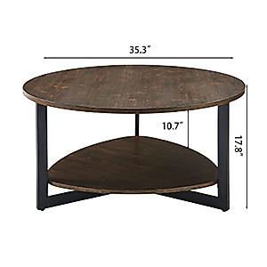 MODERION Round Coffee Table for Living Room, 35.3" Large Farmhouse Cocktail Table with Storage Shelf, Circular Wood Center Tea Table with Metal Leg, Sofa Table, Easy Assembly, Brushed Brown KFZ2338NC