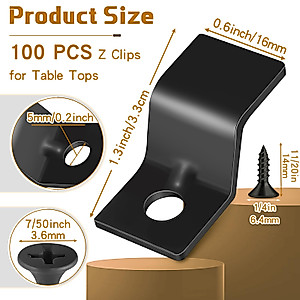 Ferraycle 100 Sets Table Top Fasteners with Screws Metal Z Clips for Table Tops Black Heavy Duty Z Table Top Connectors Solid Steel with 100 Black Screws for Desk Top Furniture