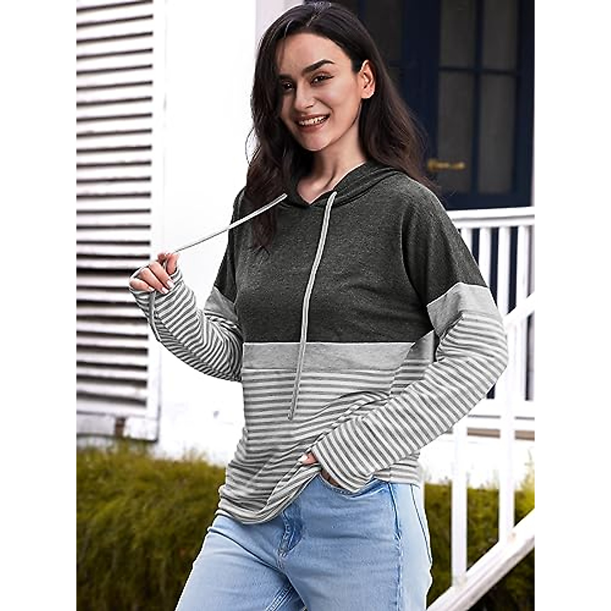 Butgood Women's Color Block Hoodies Fall Long Sleeve Sweatshirt Casual Drawstring Pullover Tops Striped Tunic Shirts Dark Grey