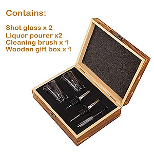 Shot Glasses with Liquor Pourers Gift Set, 2 Heavy Base Ounce Glasses with Bottle Pourers and Cleaning Brush Packed in Wooden Box, Christmas/Birthday Gift, Present for Drink/Spirit/Espresso Lover
