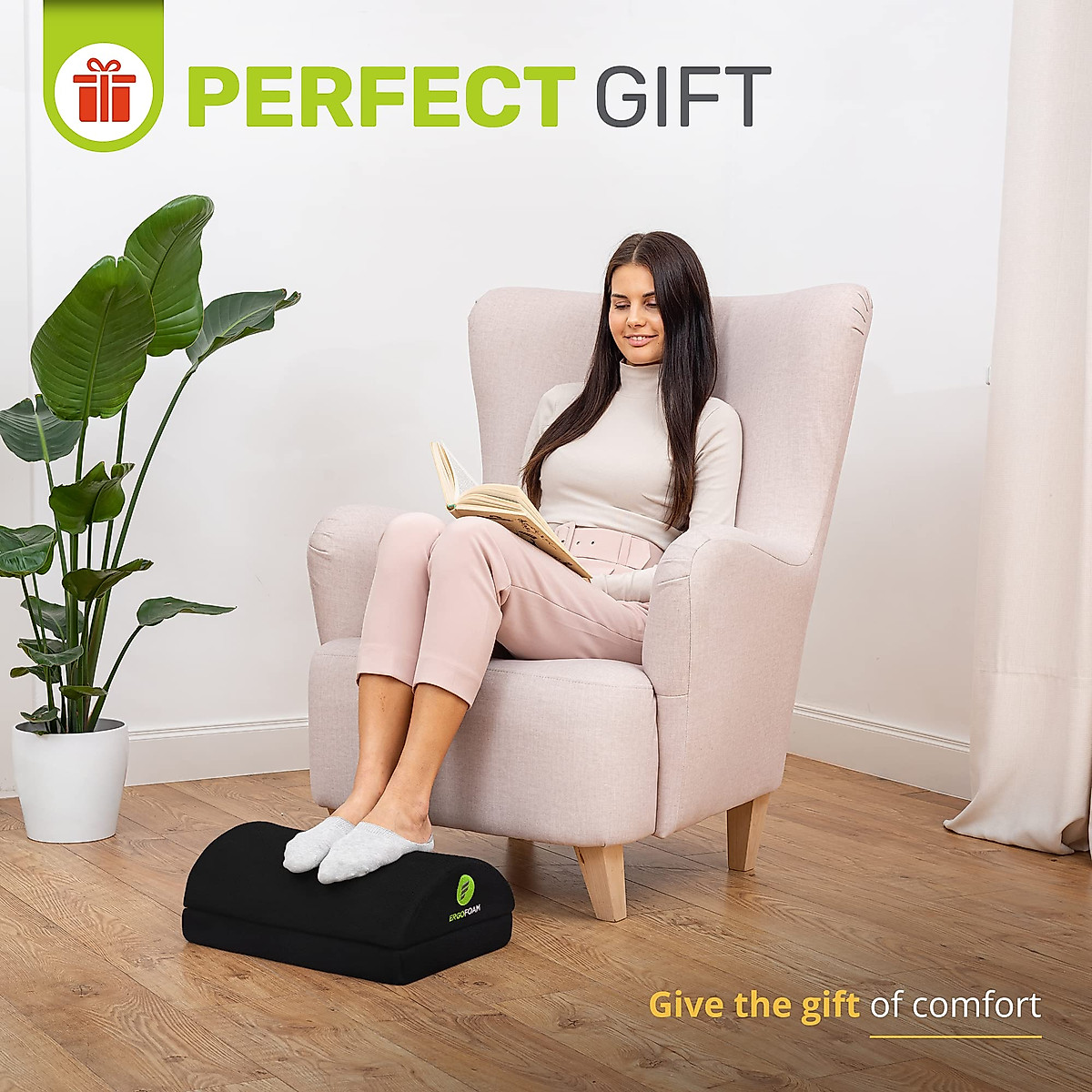 ErgoFoam Adjustable Foot Rest Under Desk for Added Height - Large Premium Velvet Soft Foam Footrest for Desk - Most Comfortable Desk Foot Rest in The World for Back, Lumbar, Knee Pain (Black)