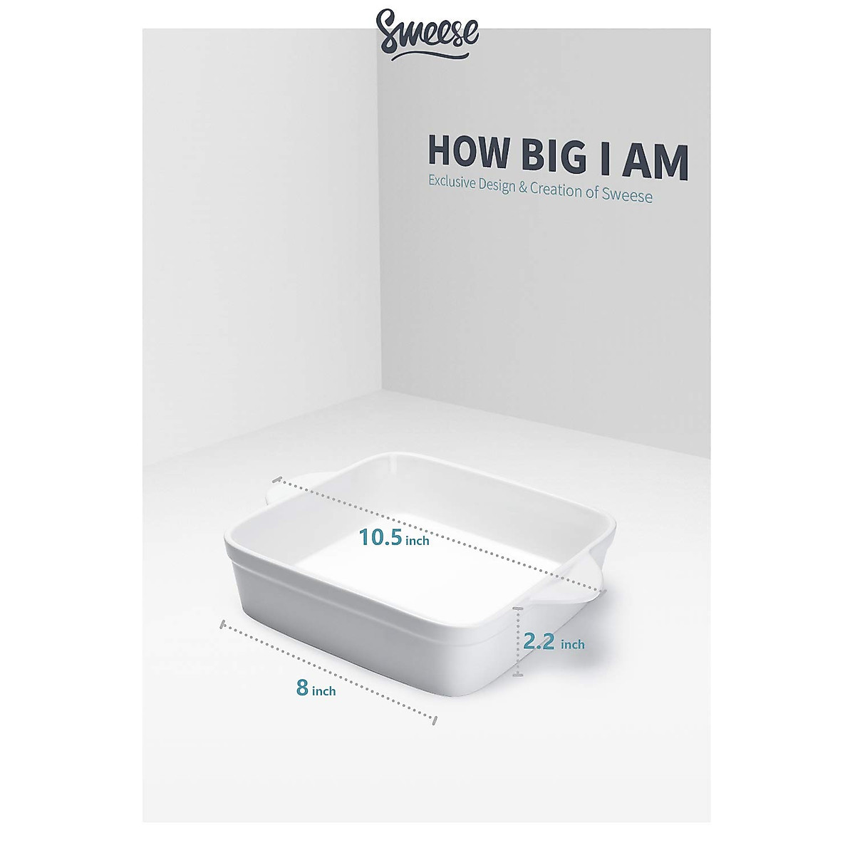 Sweese 8x8 inch Square Porcelain Baking Dish with Double Handles - Non-Stick Oven Casserole Pan for Brownie, Lasagna, Roasting - Great for Serving or Cooking