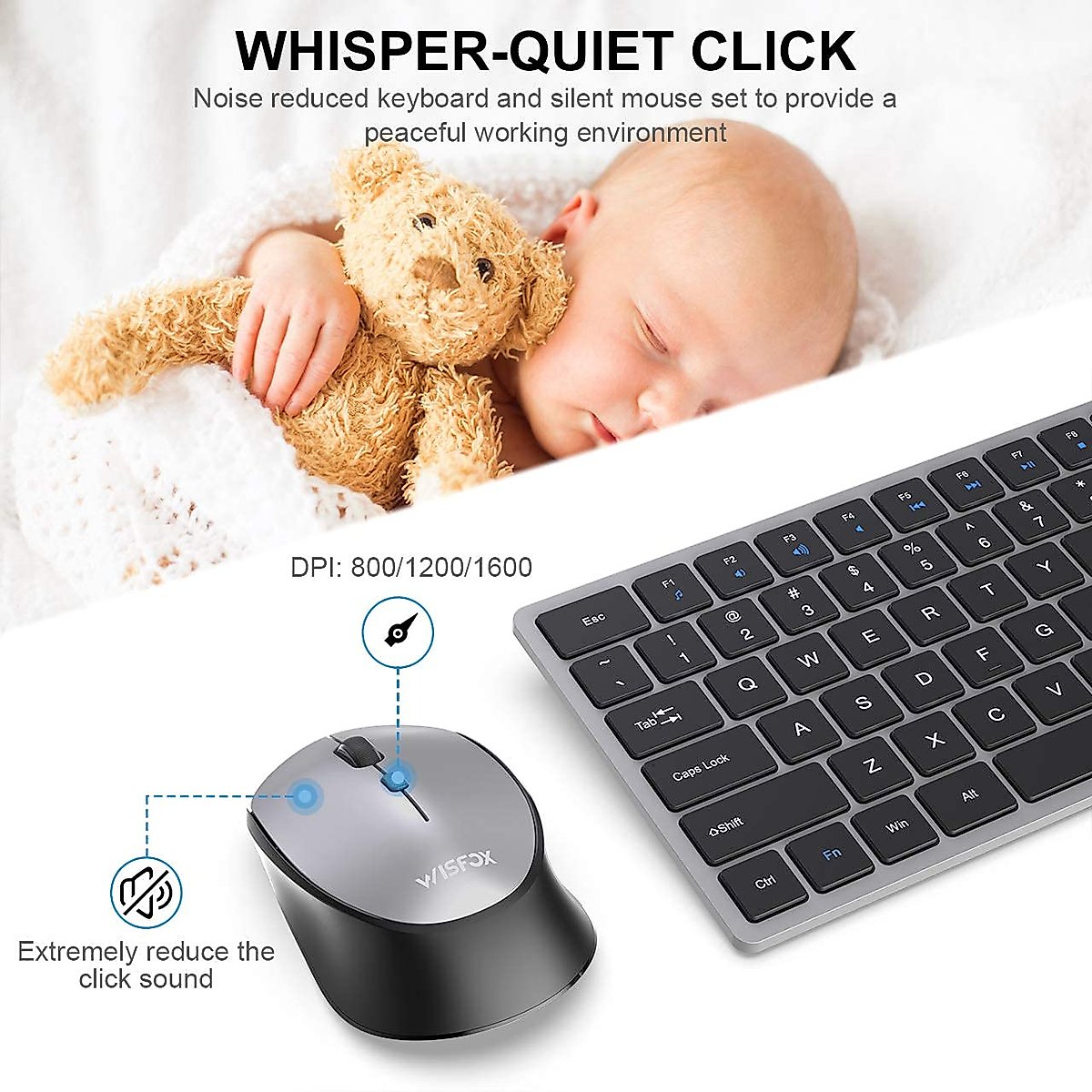 Wireless Keyboard and Mouse Combo, WisFox 2.4G Full-Size Slim Thin Wireless Keyboard Mouse for Windows, Computer, Desktop, PC, Laptop Mac (Silver and Gray)