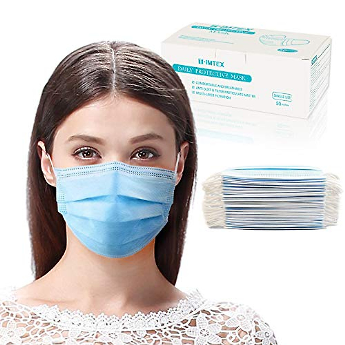 T·IMTEX Disposable Protective Face Mask, Breathable 3 Ply Masks with Earloops，with Melt-Blown Cloth (Blue 50pcs)