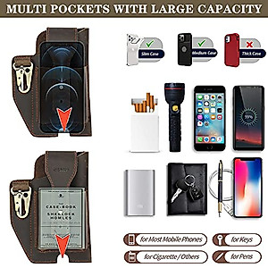 SUOHU Leather Phone Holster with Belt Clip, Leather Cell Phone Holder for Belt, Leather Belt Phone Pouch, Universal Leather Phone Case on Belt, Tactical Leather Phone Belt Bag for iPhone (Dark Brown)