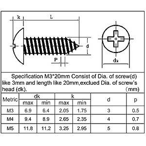 HanTof 125 Pcs Small M3 x 20mm Black Phillips Truss Head Wood Screws,Cross Mushroom Head Self Tapping Furniture Cabinet Screws,Sheet Metal Screw,Hardened Carbon Steel with Black Oxide Coated,Type A