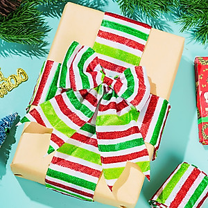 obmwang 2 Rolls Christmas Glitter Stripes Wired Edge Ribbon Red White Green Stripes Ribbons Wired Christmas Holiday Ribbon for DIY Craft Bows Xmas Tree Decoration, 2.52" x 6.56 Yards