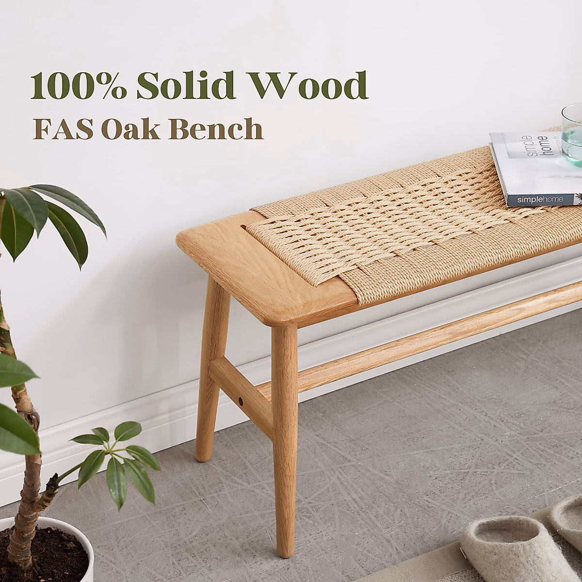 Hymus 32" L 100% FAS Oak Wooden Bench Indoor - Solid Wood Rope Woven Entryway Bench, Dining Bench, Boho Furniture for Entryway, Dining Room, Bedroom, Kitchen (Natural)