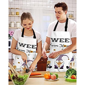 LAMANDA Kitchen Aprons for Women,Gnome Sunflower Bumblebee Buffalo Check Cooking Apron with Pockets Server Aprons Chef Apron for Men
