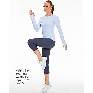 Stelle Women Workout Shirts Seamless Long Sleeve Yoga Tops with Thumb Holes for Sports Running Breathable Athletic Slim Fit Blue