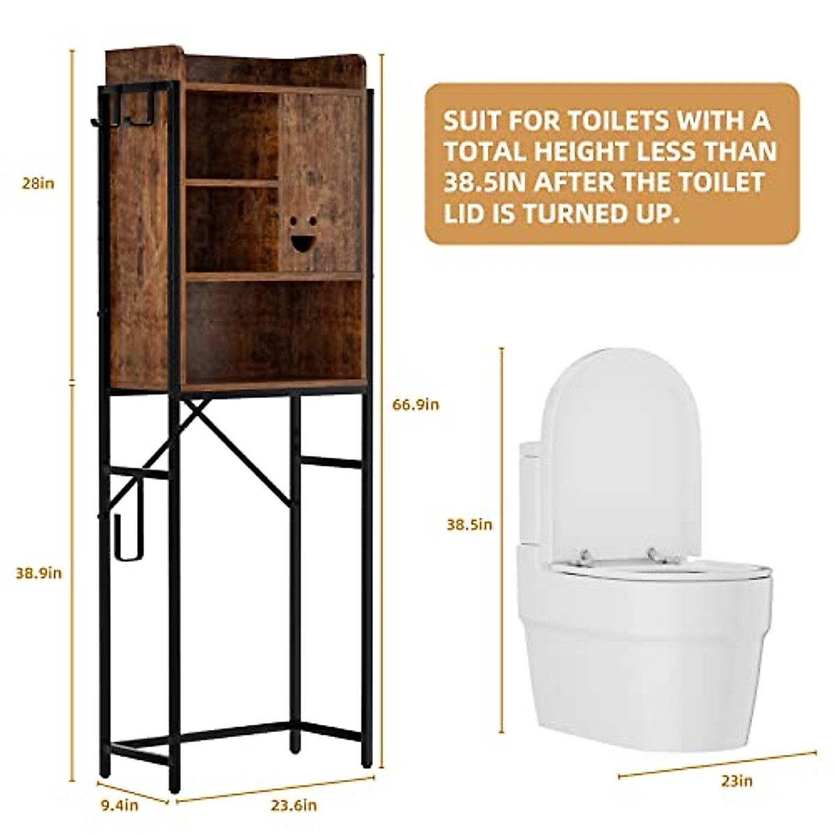 MASHOOPS Over The Toilet Storage Cabinet, Bathroom Organizer Over Toilet, Multifunctional Freestanding Space Saver Cabinets with Adjustable Shelf Paper Hook with Smiling-Door, Rustic Brown