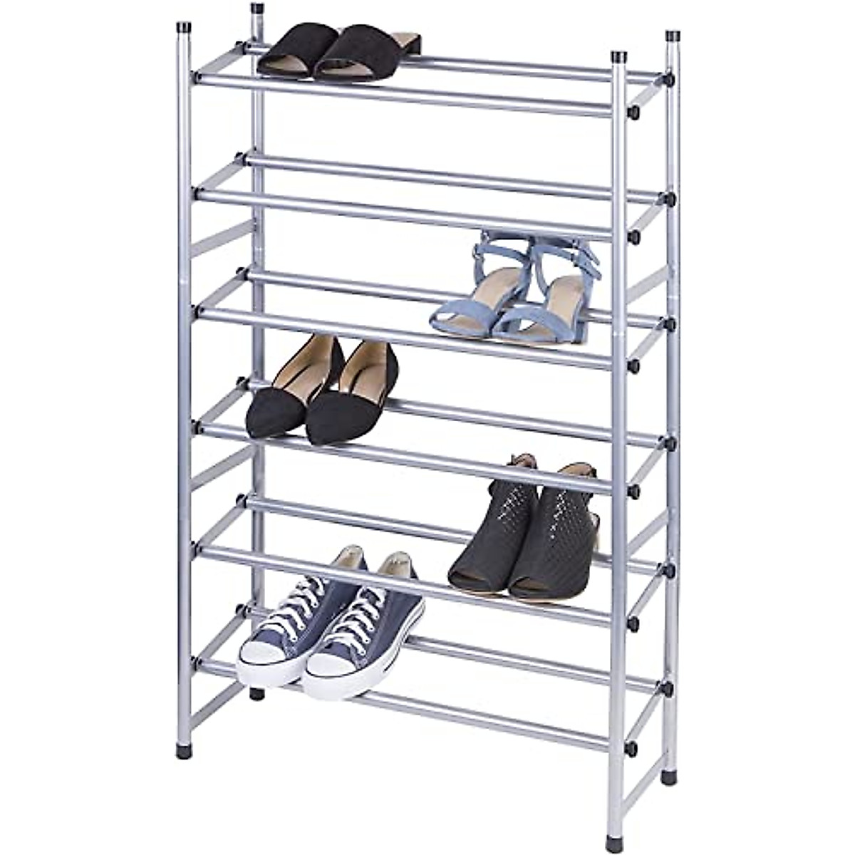J&V TEXTILES Telescoping Stackable/Expandable Free Standing Shoe Rack, 2-Tier Holds Up To 10-Pair (Silver)